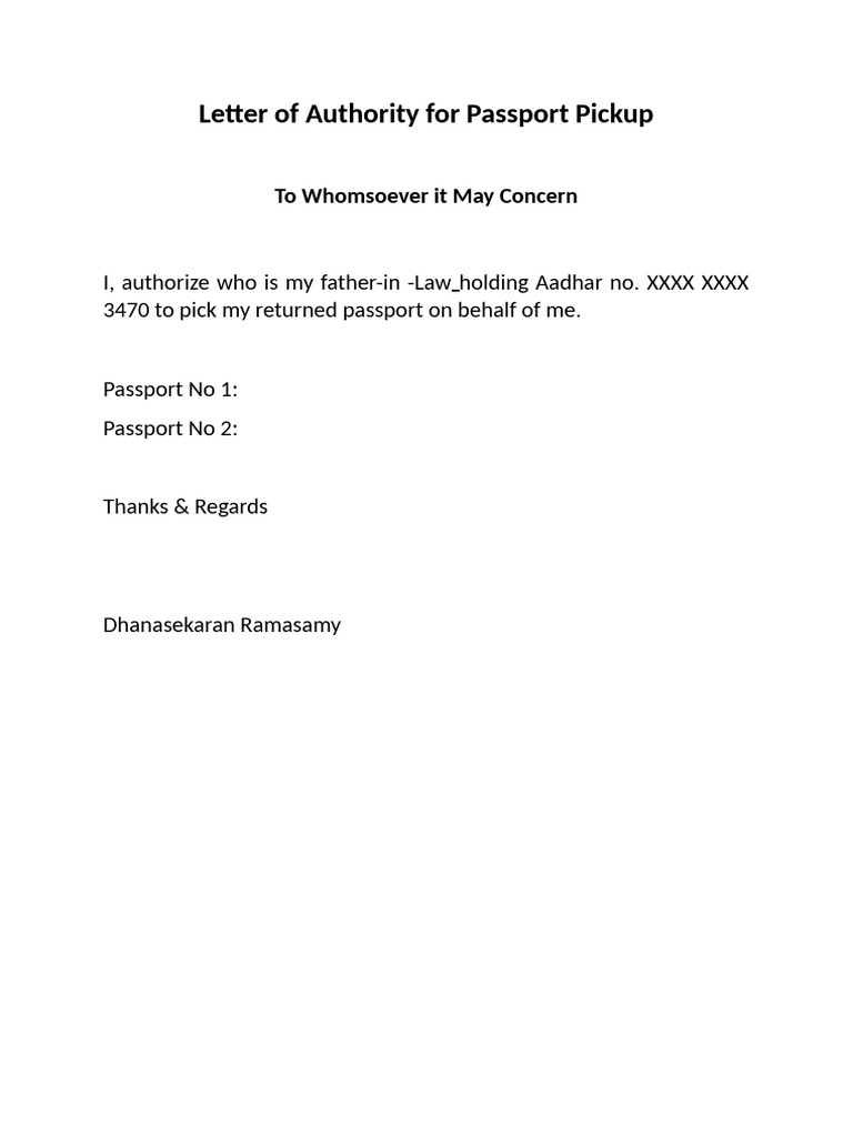 Authority Letter for Passport Pickup | PDF