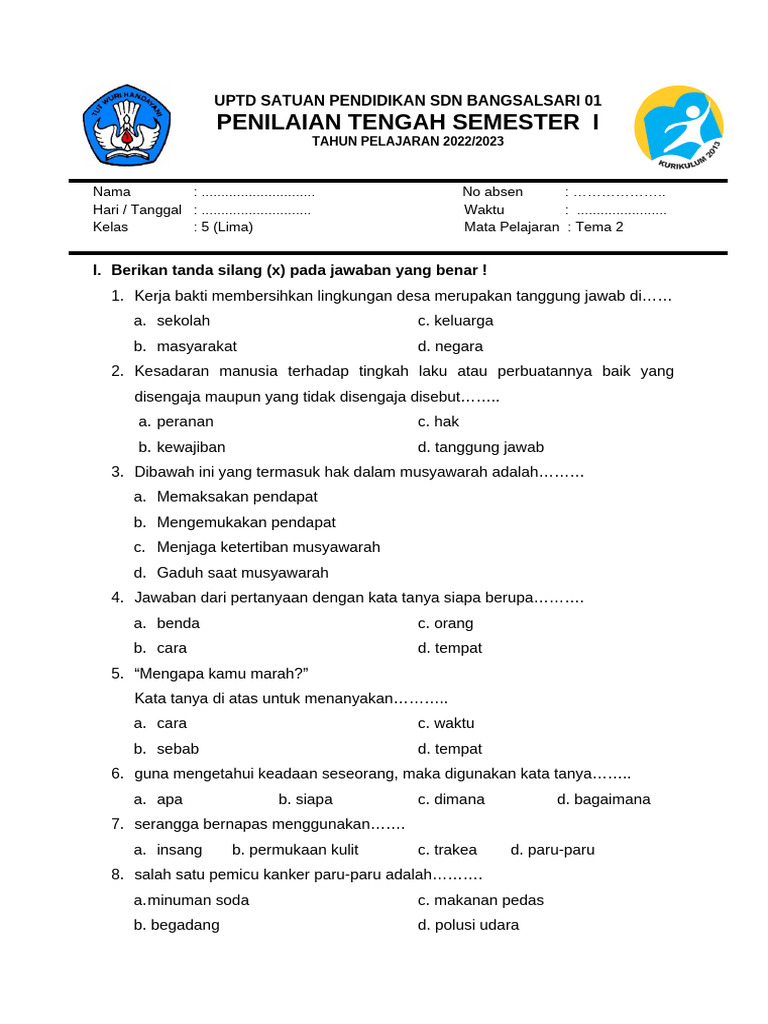 Soal Pts Kelas 5a Tema 2 | PDF