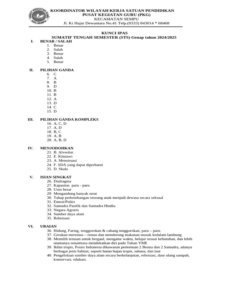 Kunci Jawaban Kelas 5 STS Genap 2024-2025 | PDF