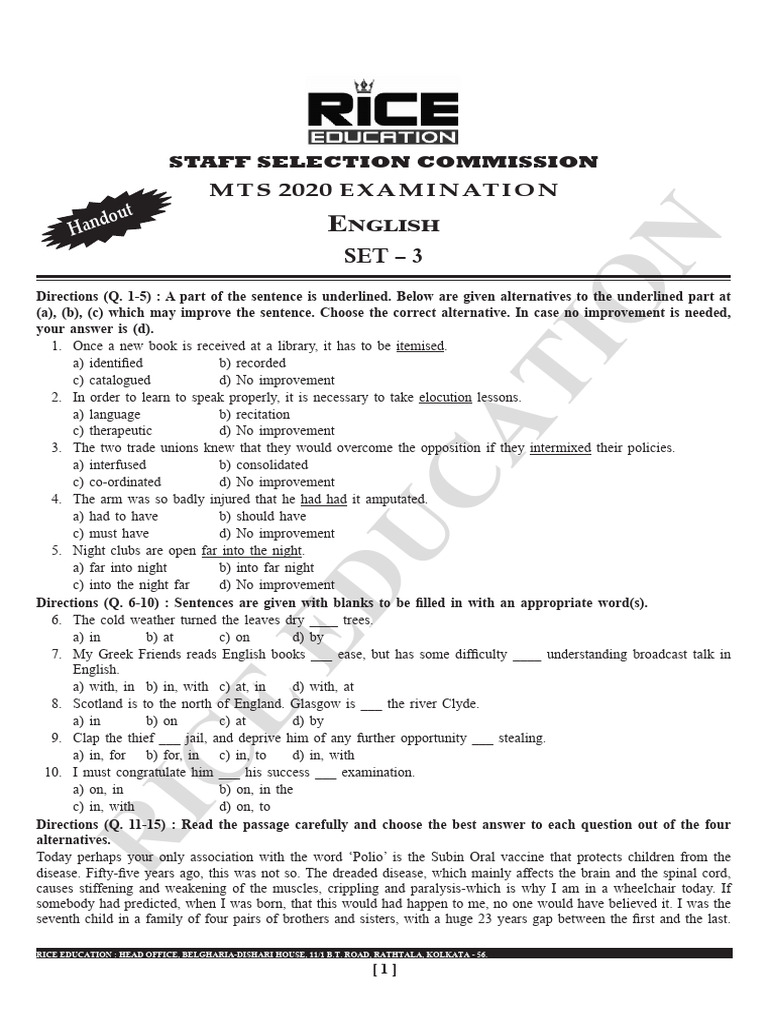 Mts 2020 English Set 3 (Q) | PDF