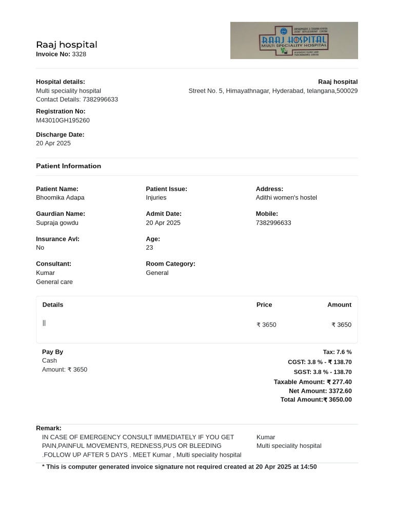 Raaj Hospital Invoice for Bhoomika Adapa | PDF