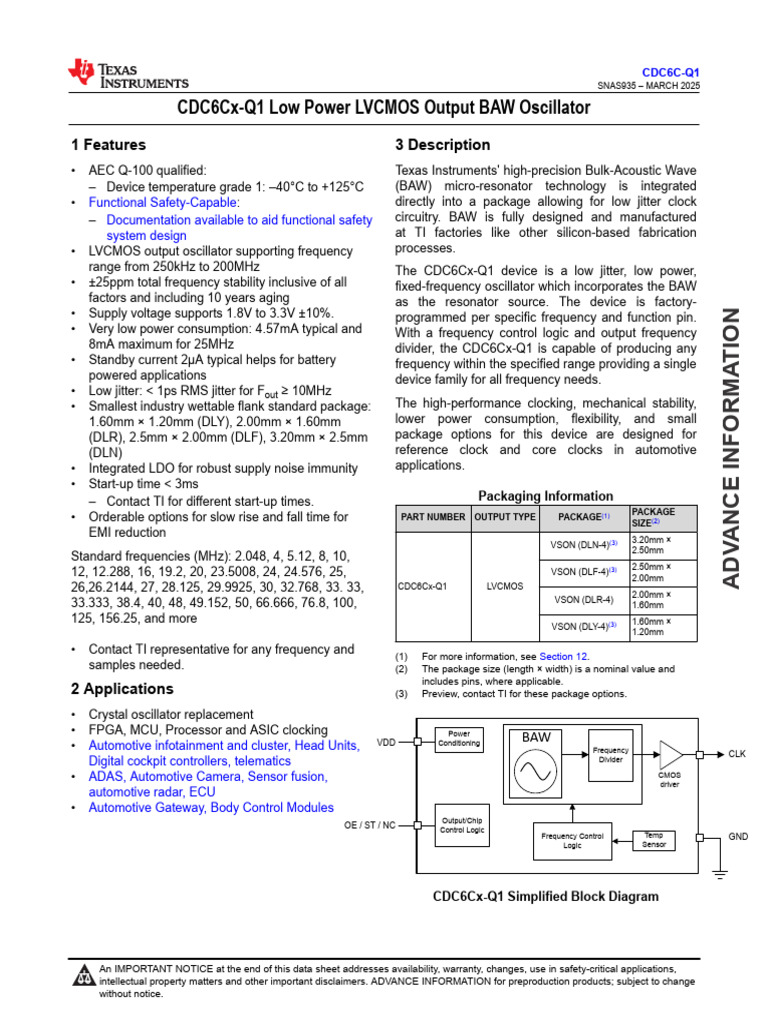 Low Power BAW Oscillator CDC6C-Q1 | PDF | Electronic Oscillator | Power ...