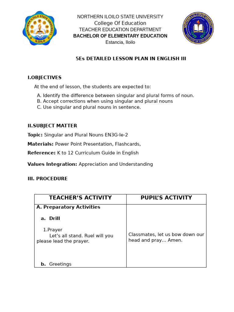 5es DETAILED LESSON PLAN IN ENGLISH III Final 1 | PDF | Plural ...