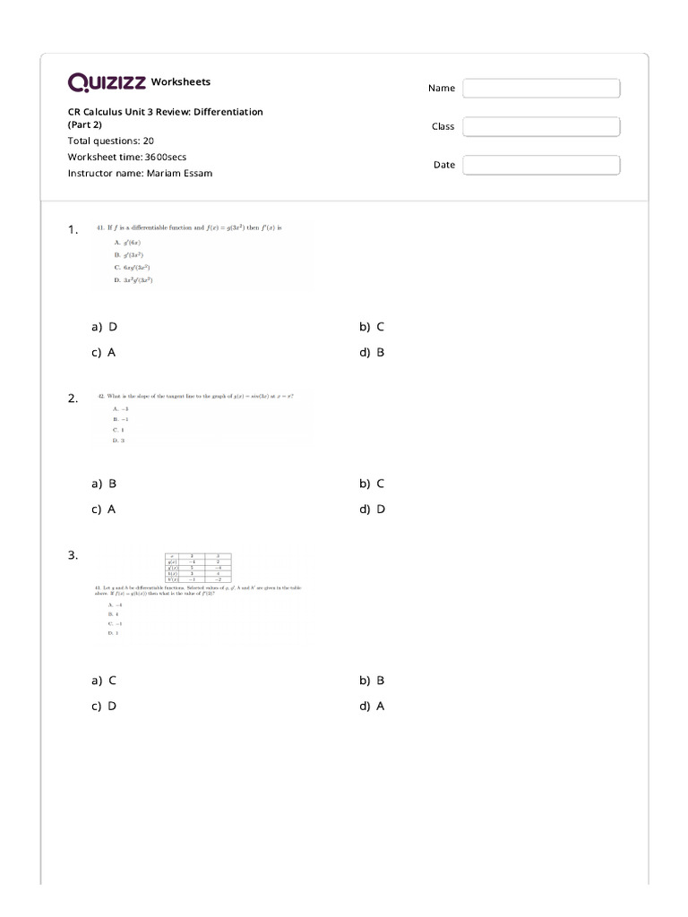 CR Calculus Unit 3 Review - Differentiation (Part 2) - Quizizz | PDF