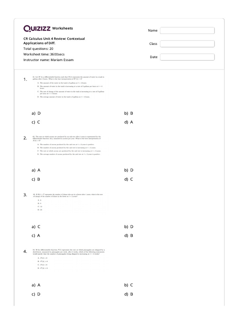 CR Calculus Unit 4 Review - Contextual Applications of Diff. - Quizizz ...