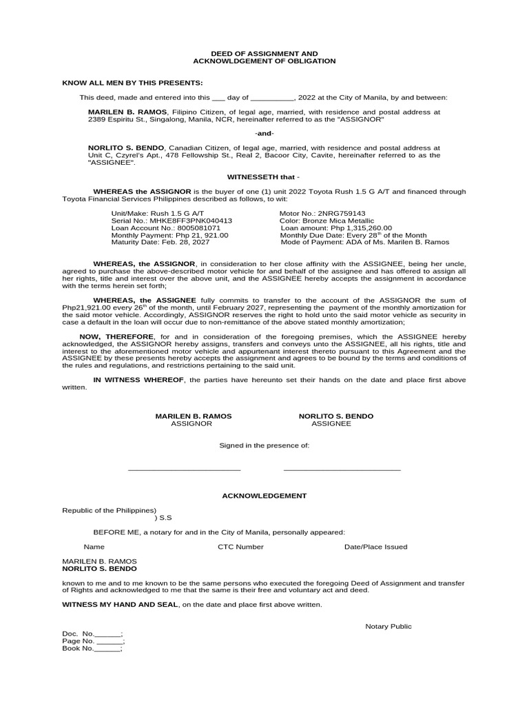Deed of Assignment Ma'am Len | PDF | Assignment (Law) | Property Law