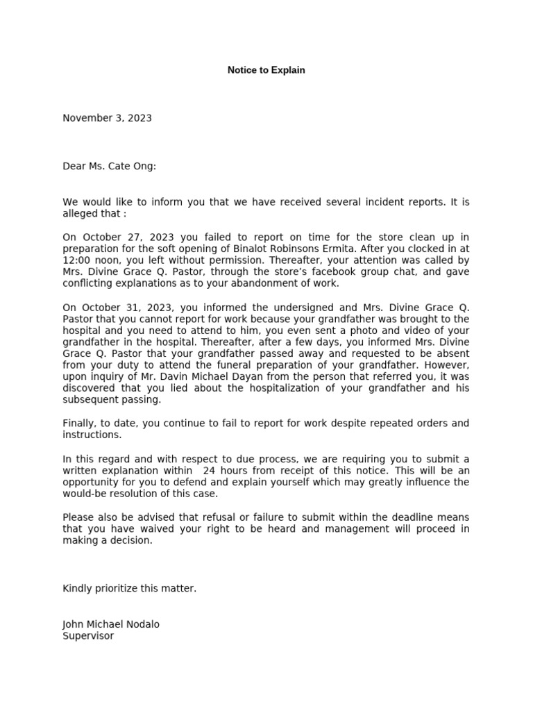 Notice to Explain | PDF