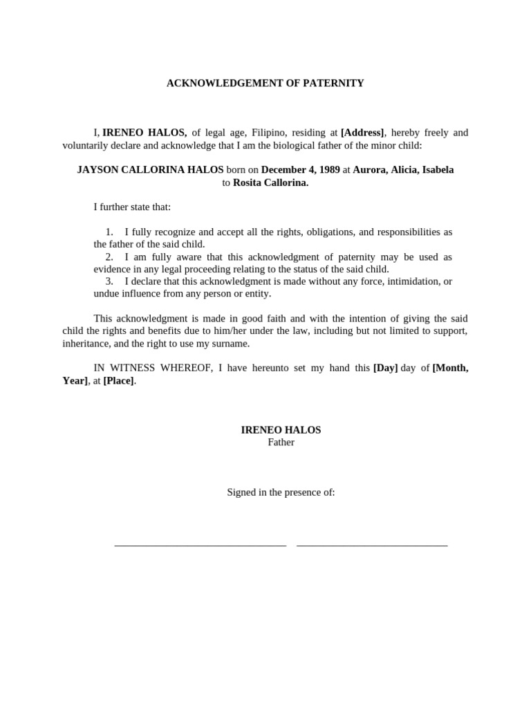 Acknowledgement of Paternity | PDF