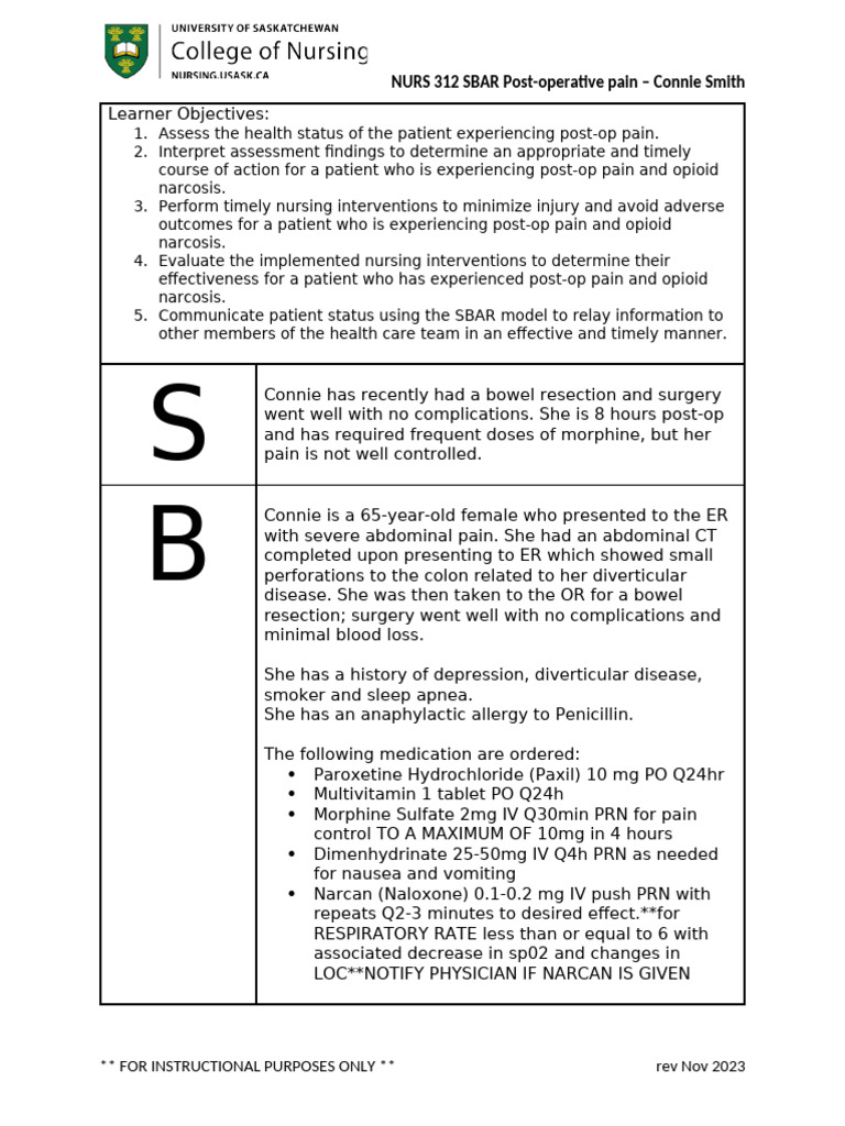 YXE 2025 312 Post Op Pain SBAR | PDF | Naloxone | Opioid