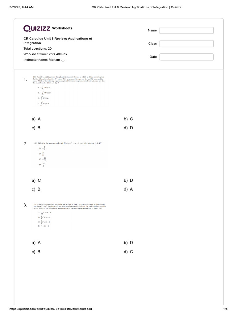 CR Calculus Unit 8 Review_ Applications of Integration _ Quizizz | PDF | Calculus | Mathematical ...
