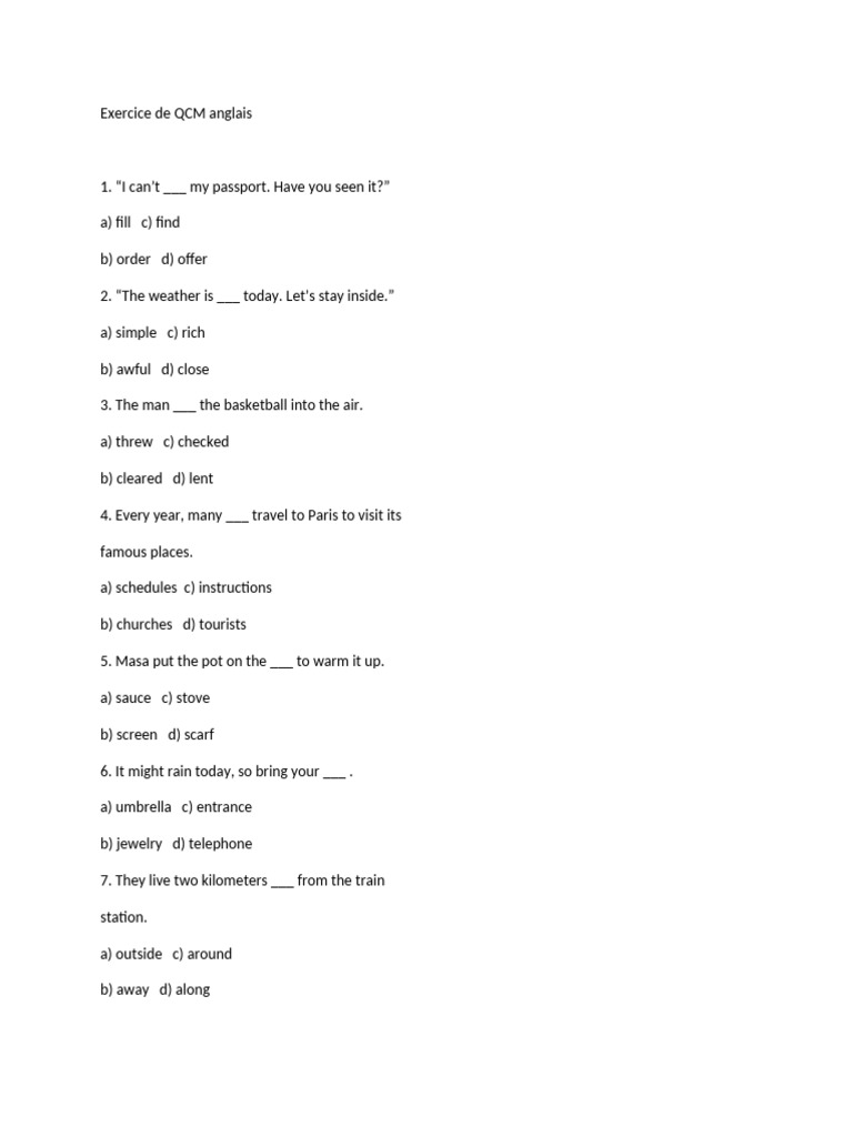 English QCM Exercise for Beginners | PDF