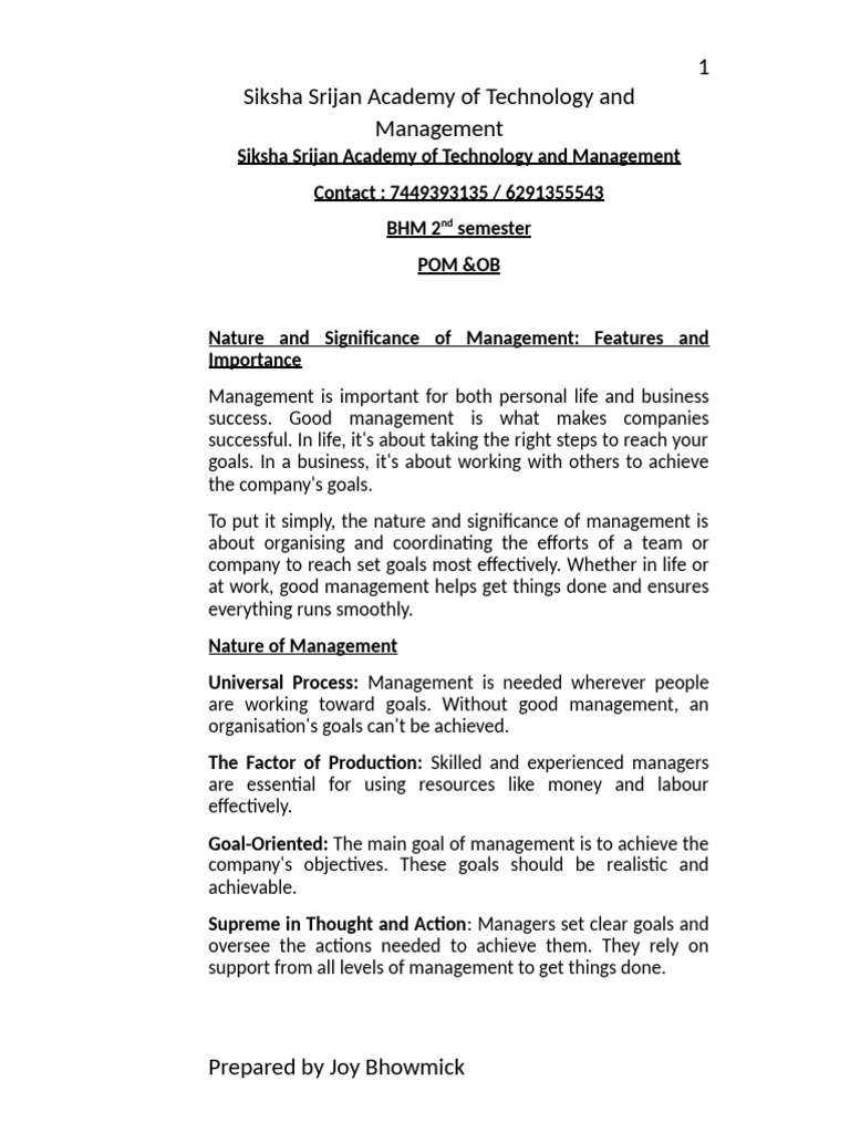 Nature and Significance of Management - Features and Importance | PDF ...