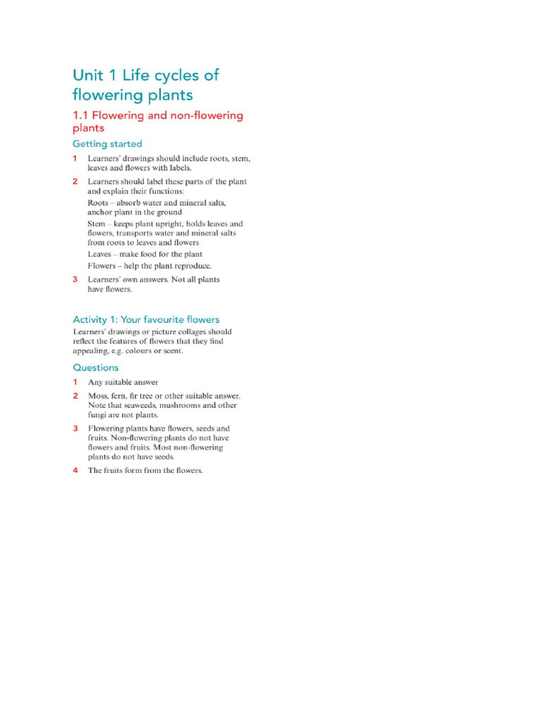 Answer Key 1.1 Flowering and Non Flowering Plants | PDF
