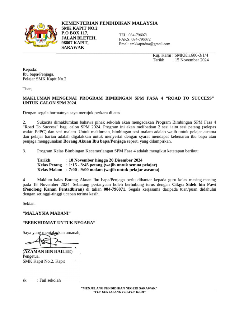Surat makluman Kelas Bimbingan SPM Fasa 4 Tahun 2024 | PDF