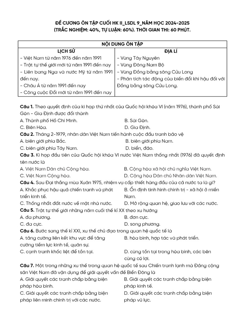 ĐỀ CƯƠNG LSDL 9 CUỐI HK II - 2024 | PDF