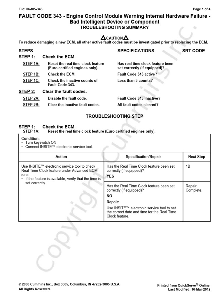 06-t05-343 Engine Control Module Warning Internal Hardware Failure - Bad Intelligent Device or ...