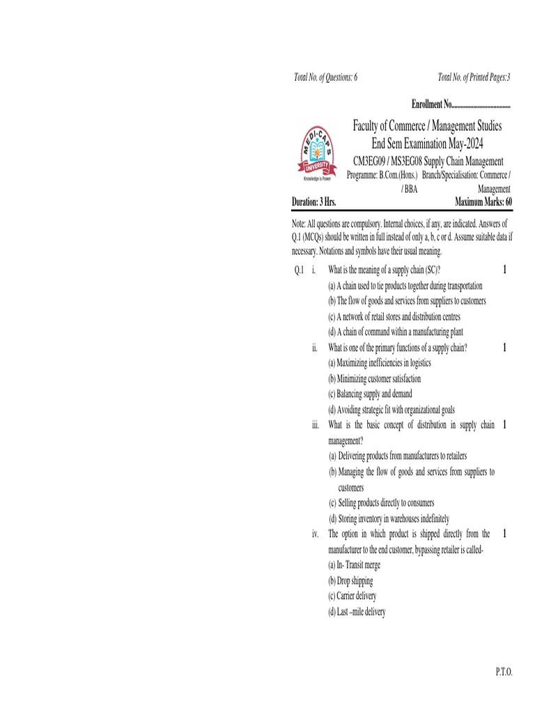 Supply Chain Management Exam Questions | PDF | Supply Chain | Supply ...