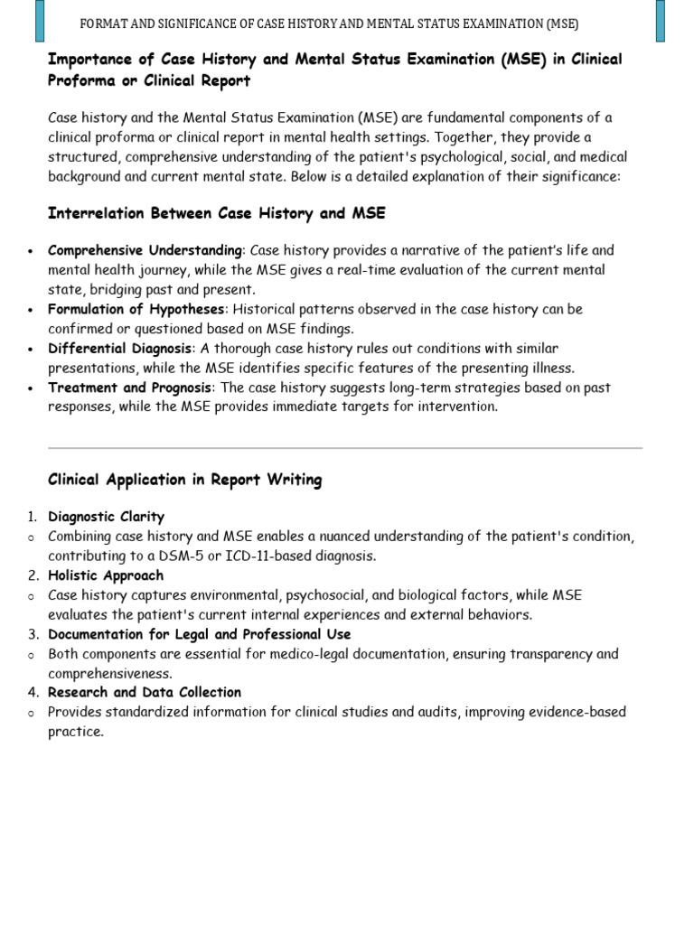 Case History, MSE, Clinical Report | PDF | Mental Disorder | Clinical ...