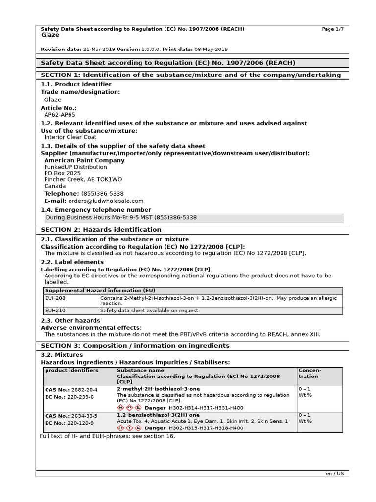 SDB Glaze AP62-AP65 V1.0.0.0. en US | PDF | Toxicity | Firefighting