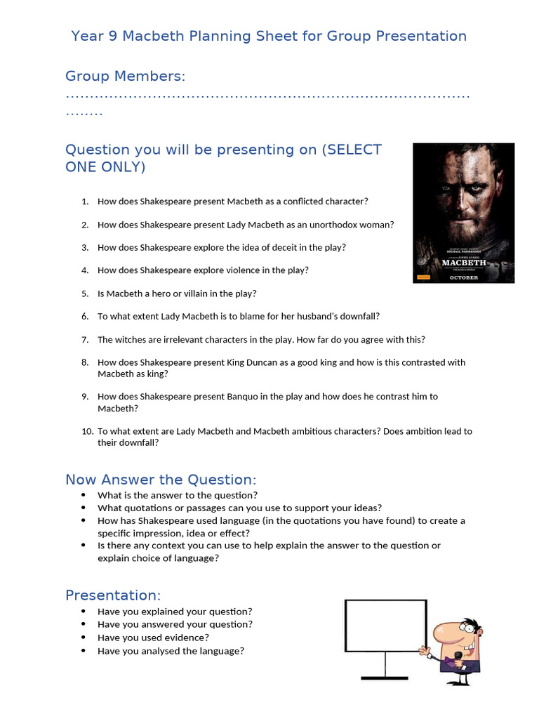 Year 9 Macbeth Planning Sheet For Group Presentation | PDF