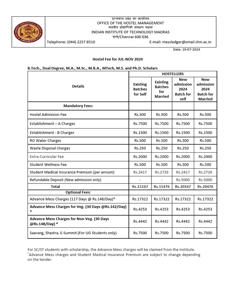 Hostel Fees for 2024 Admissions | PDF | Academic Degree | Vocational ...