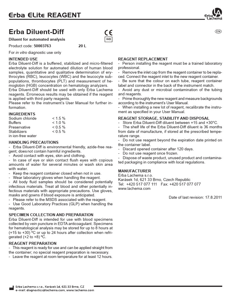 Erba Diluent-Diff For ELite 3 - INSERT - EN | PDF