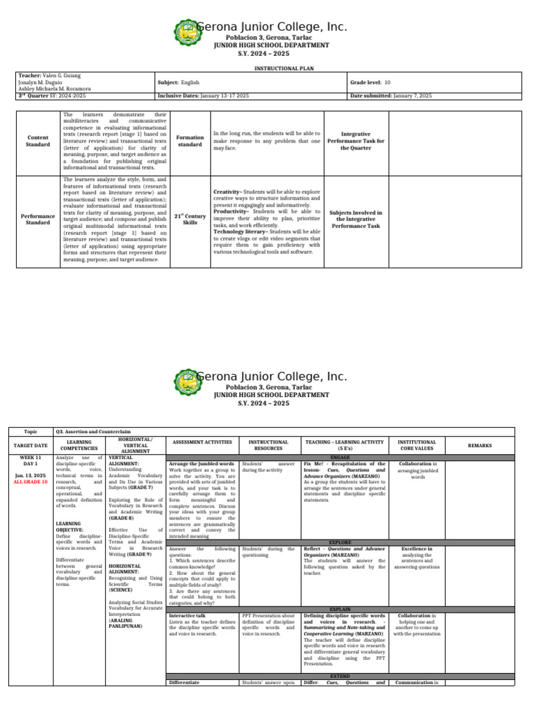 English Instructional Plan for Grade 10 | PDF | Vocabulary | Semantics