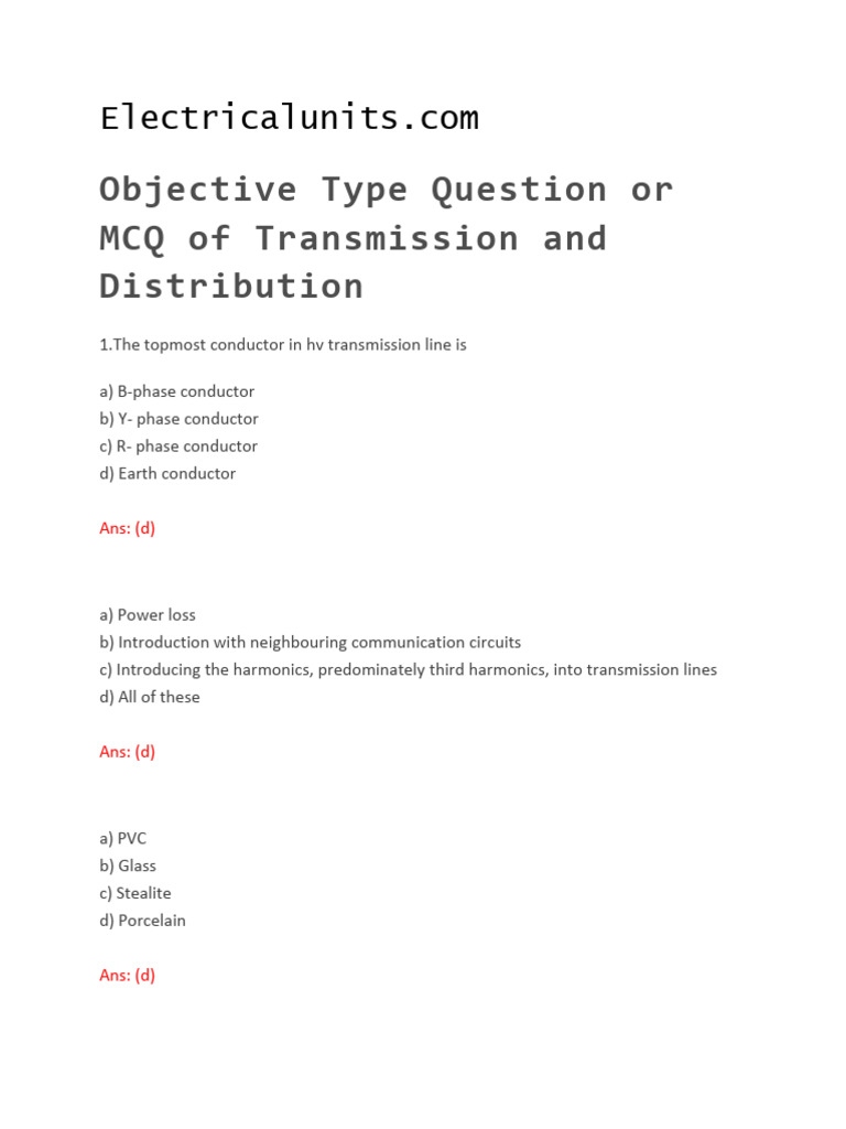 Objective Type Question or MCQ of Transmission and Distribution ...