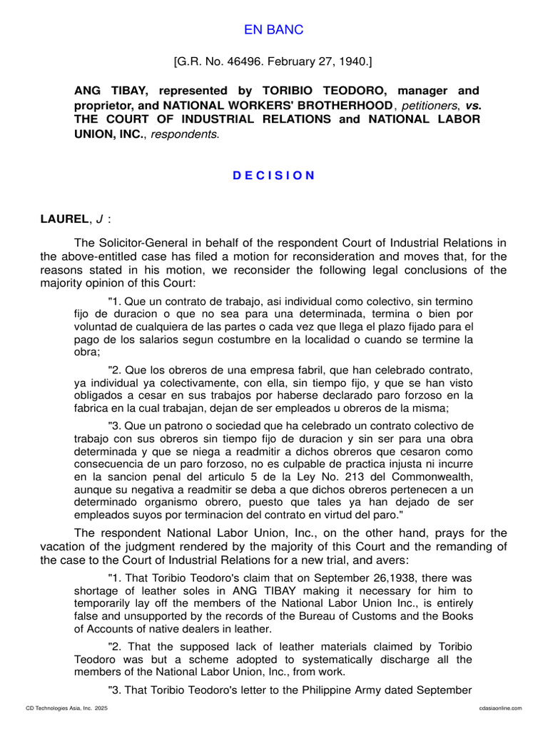 Ang Tibay v. Court of Industrial Relations | PDF | Employment | Arbitration