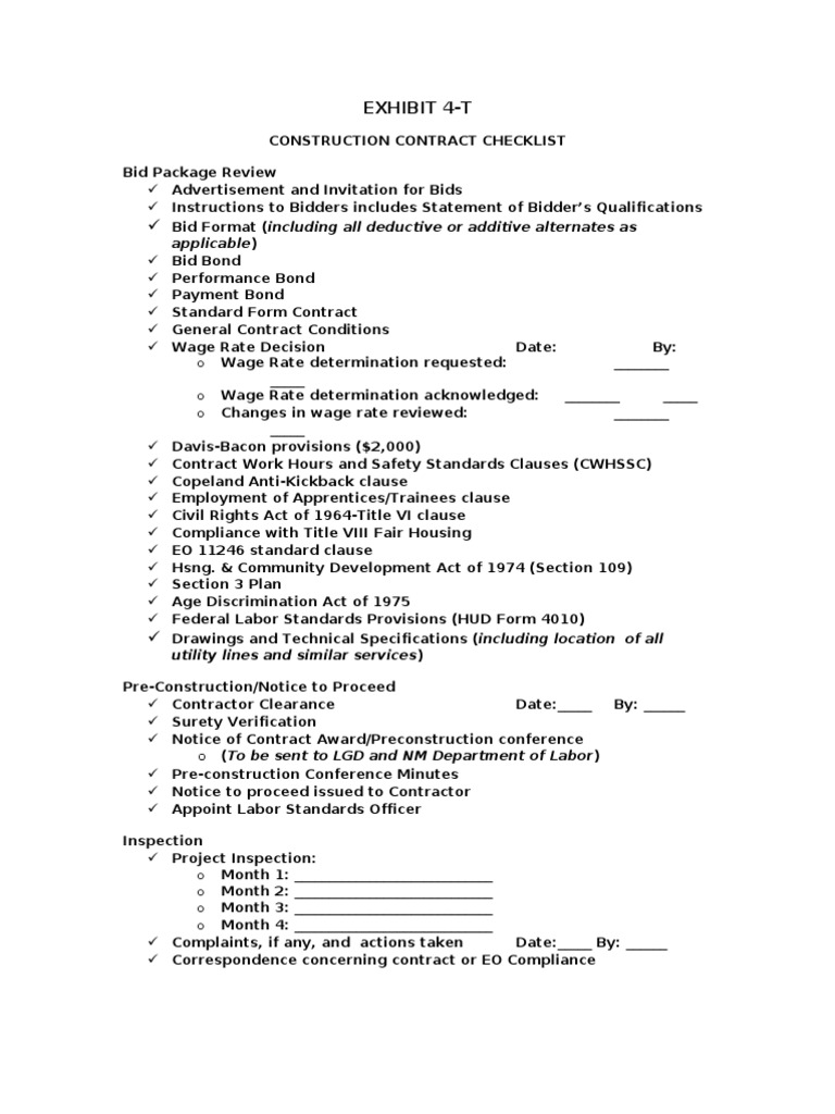 Construction Contract Checklist | PDF | General Contractor | Employment