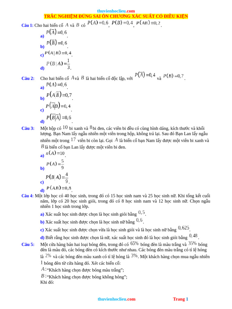 15 Cau Trac Nghiem DUNG SAI ON CHUONG XAC SUAT CO DIEU KIEN Giai Chi Tiet | PDF