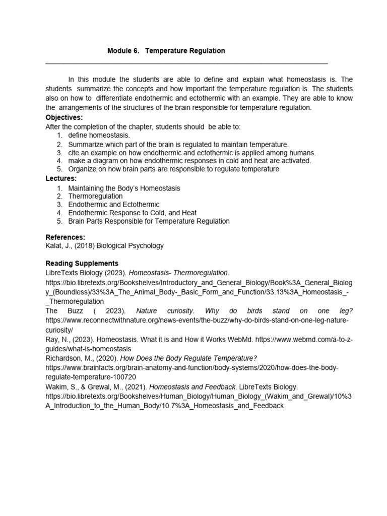 Temperature Regulation and Homeostasis | PDF | Thermoregulation ...