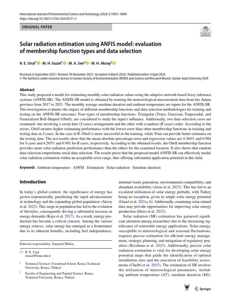 Solar Radiation Estimation Using ANFIS Model: Evaluation of Membership Function Types and Data ...