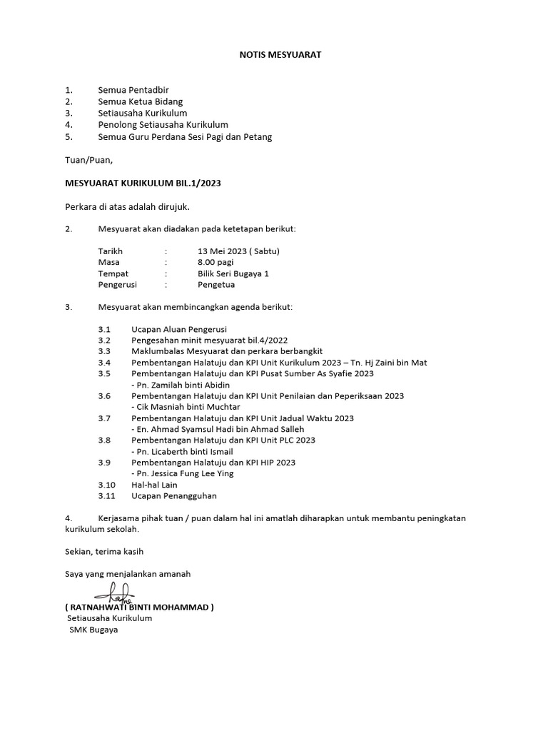 Mesyuarat Kurikulum SMK Bugaya 2023 | PDF