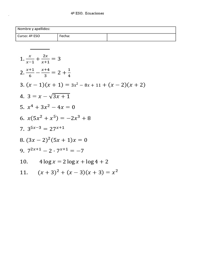 Examen Ecuaciones 4º Eso Pdf 2879