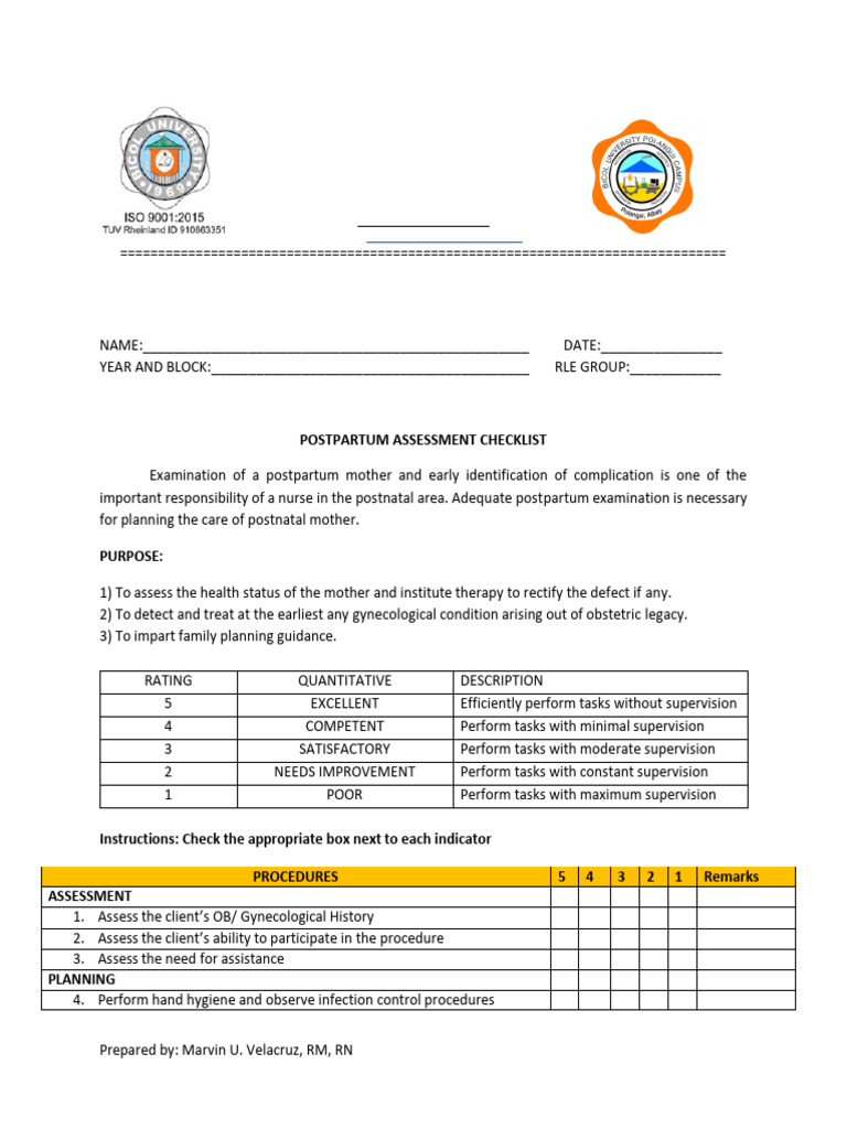 Postpartum Assessment Checklist | PDF | Postpartum Period | Uterus