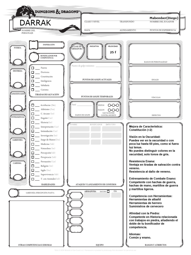 Hoja de Personaje Darrak-1 | PDF