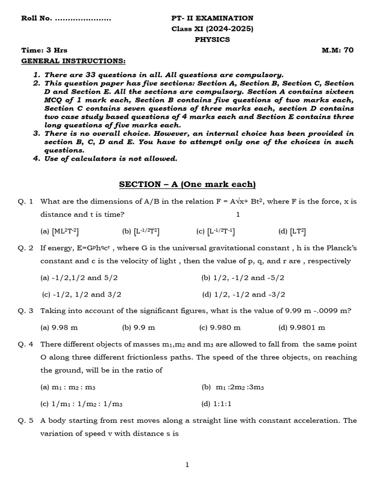 Class XI Physics Exam Paper 2024-2025 | PDF | Physical Sciences ...