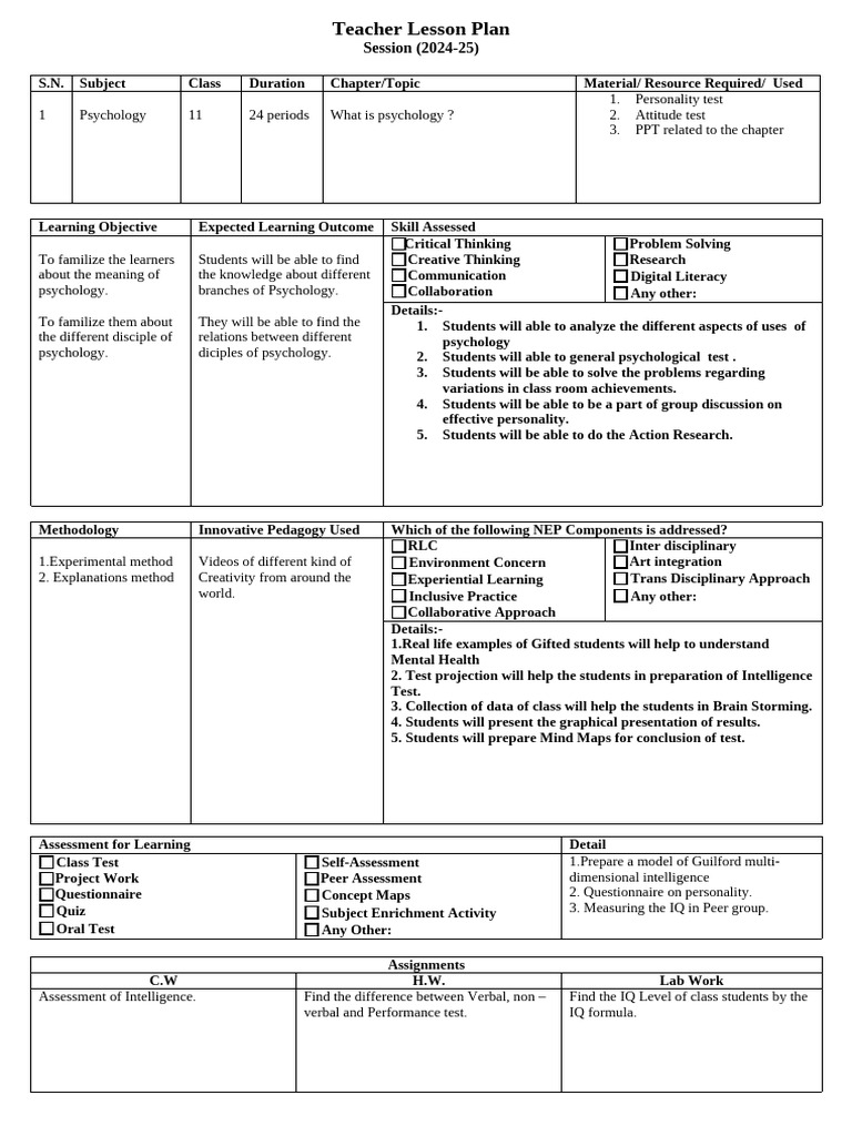 Class 11 Psychology Lesson Plan | PDF | Psychology | Educational Assessment