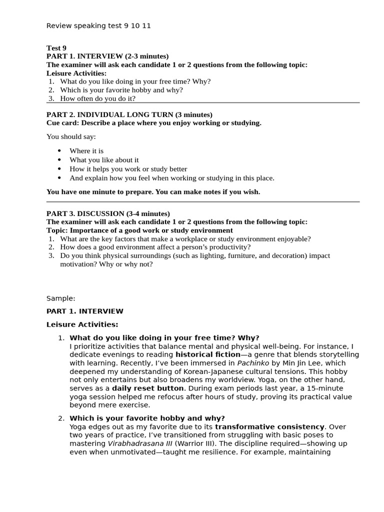 Review Speaking Test 9 10 11 | PDF