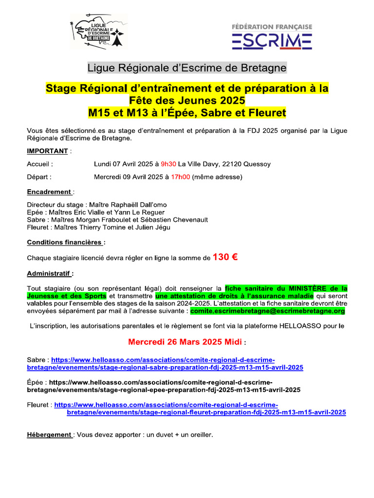 3-Avril25 Convocation Stage EpéeSabreFleuret Printemps2025 | PDF