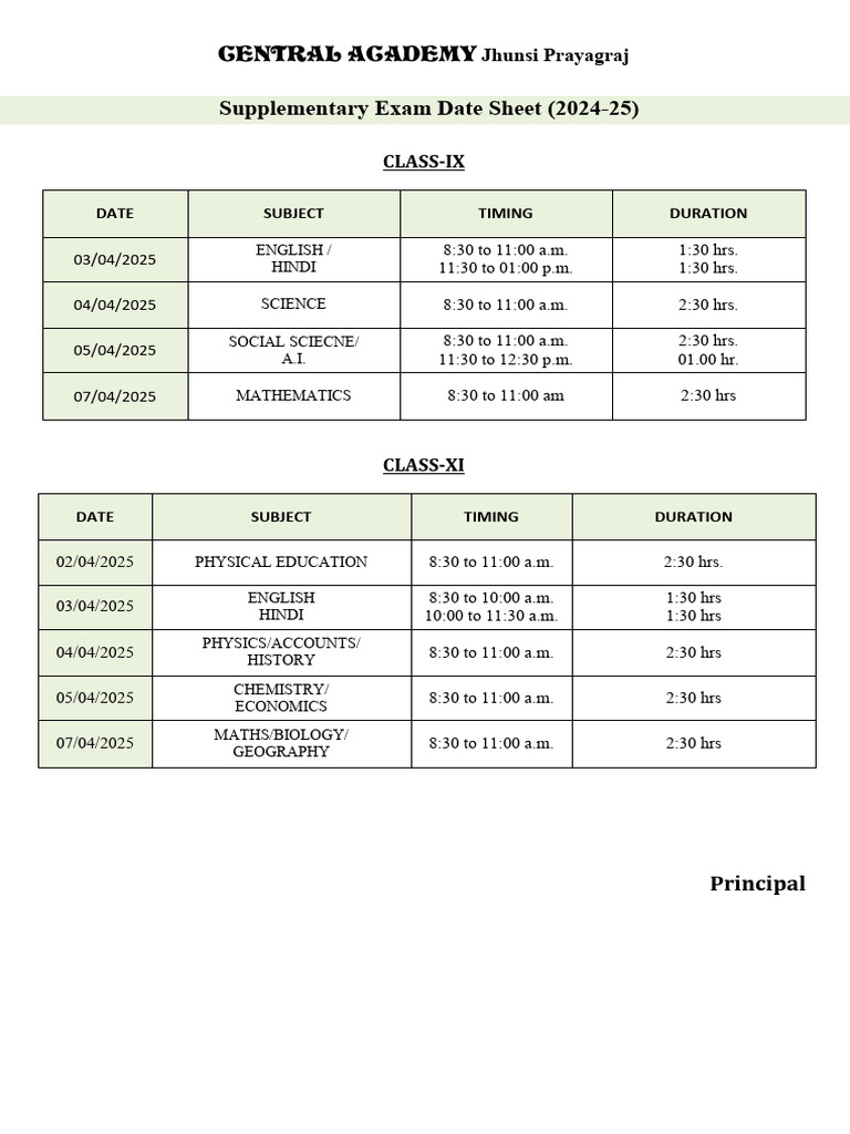 Classes IX & XI - Supplementary Exam Date Sheet (Session 2024-25) | PDF