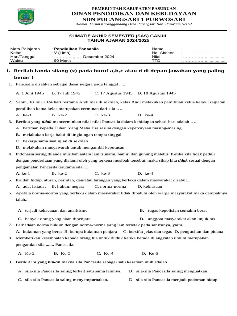 SAS 1 PEND. PANCASILA TP. 2024-2025 | PDF