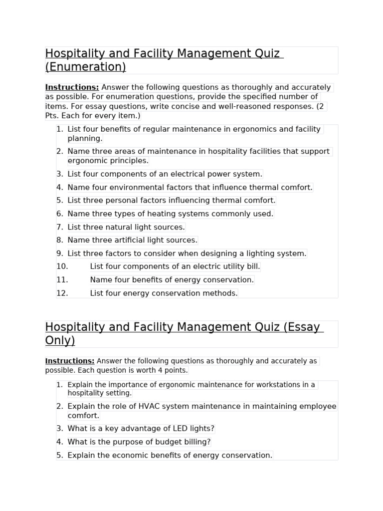 Hospitality and Facility Management Quiz | PDF