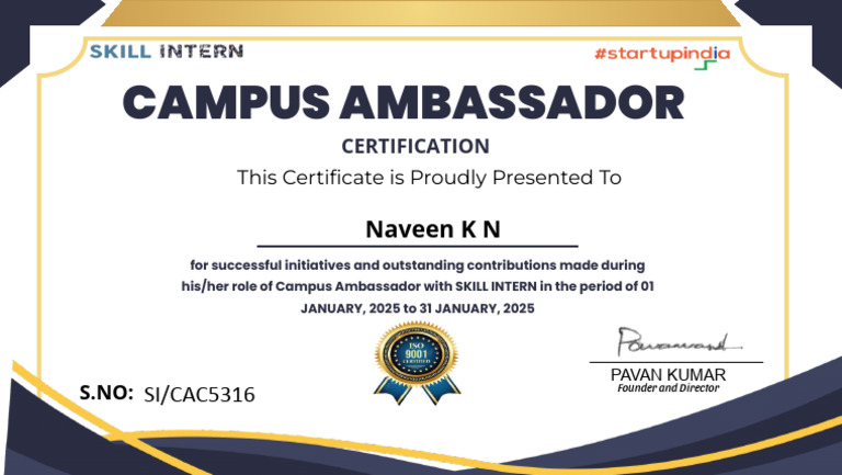 Naveen K N Campus Ambassador Certificate | PDF