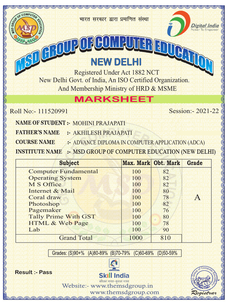 ADCA Marksheet | PDF