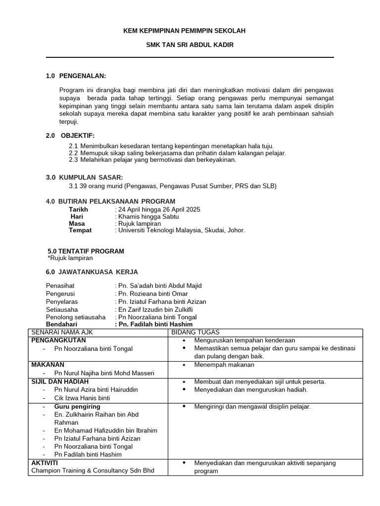 Kertas Kerja Kem Kepimpinan Pengawas 2025 | PDF