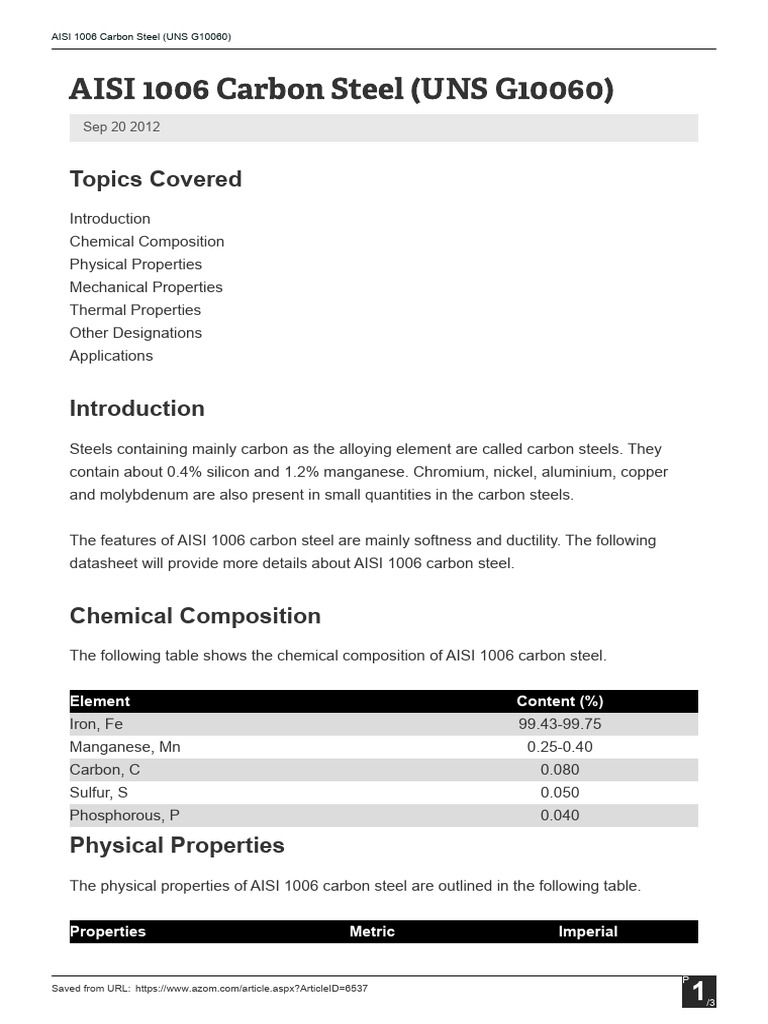 AISI 1006 Carbon Steel Overview | PDF | Steel | Strength Of Materials