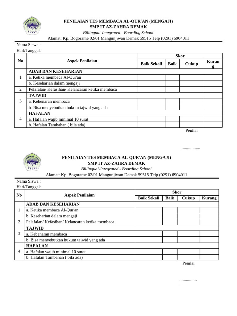 Penilaian Tes Membaca Al-Qur'an PSB | PDF