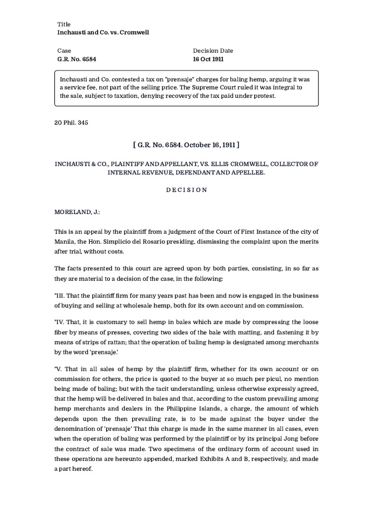 03 Inchausti & Co. vs. Cromwell (2 Pages) | PDF | Taxes | Prices